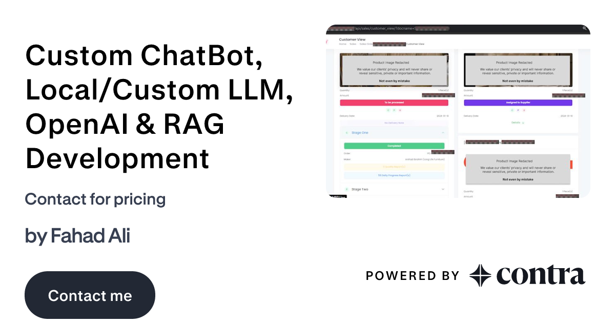 Custom ChatBot, Local/Custom LLM, OpenAI & RAG Development by Fahad Ali