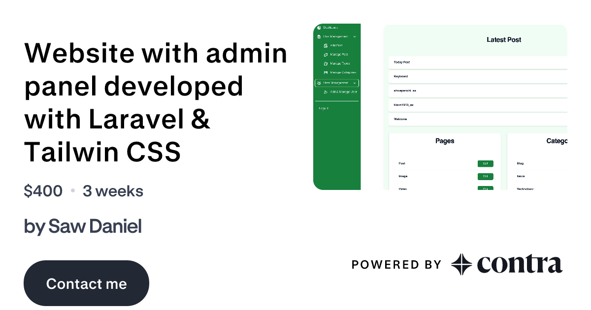 Website with admin panel developed with Laravel & Tailwin CSS by Saw Daniel