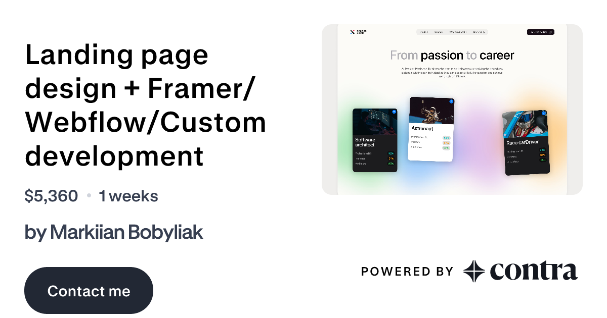 Landing page design + Framer/Webflow/Custom development by Markiian Bobyliak