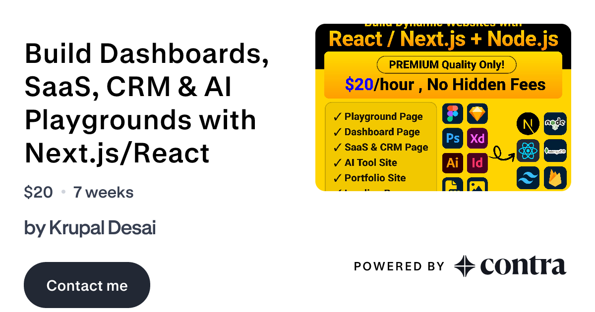 Build Dashboards, SaaS, CRM & AI Playgrounds with Next.js/React by Krupal Desai