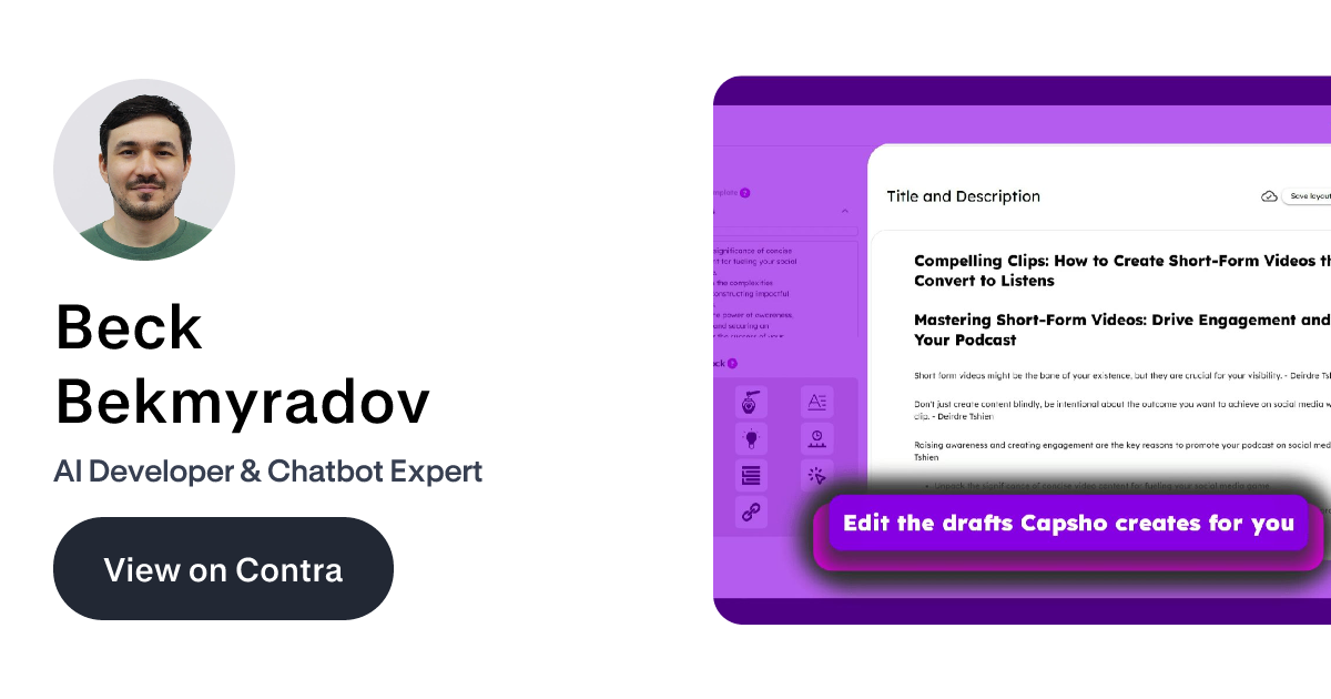 Beck Bekmyradov on Contra | AI Developer & Chatbot Expert