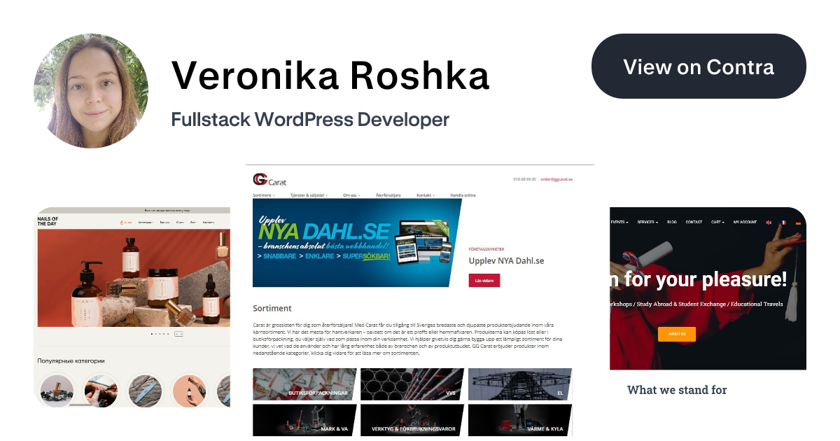 Veronika Roshka on Contra | Fullstack WordPress Developer