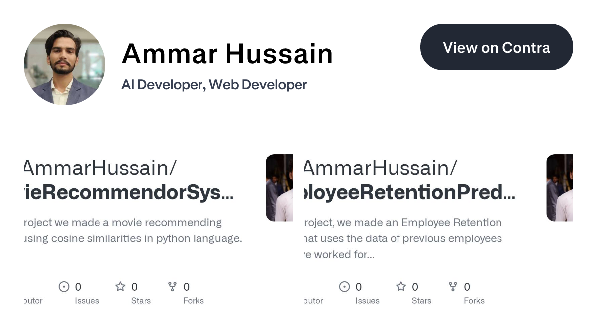 Ammar Hussain on Contra | AI Developer, Web Developer